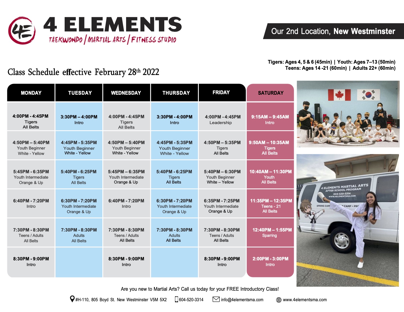 Schedule – 4 Elements Martial Arts